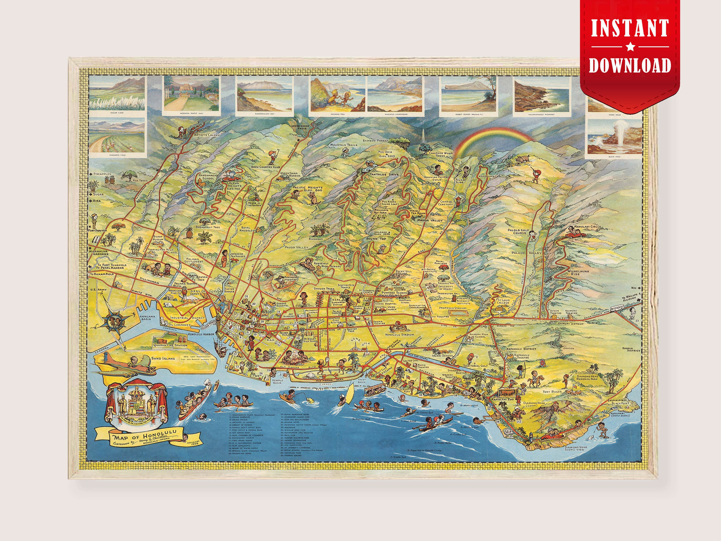 Honolulu Map 1948 Art Print Digital Old Map Hawaii Cartograph Honolulu ...