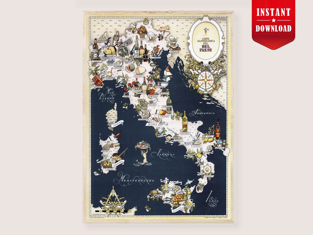 Italy Print Gastronomic Map Download - Old Italy Map Art Wine & Food ...