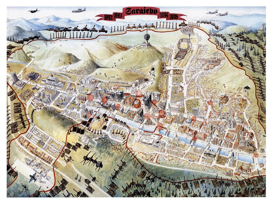Sarajevo War Poster Panorama Map Printable, Bosnia Military Map Poster ...