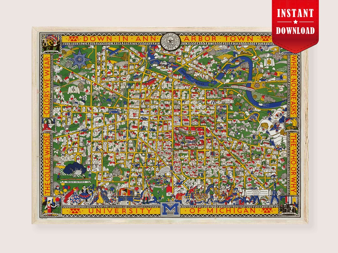 University of Michigan Map Print Digital - Vintage Map of Michigan ...