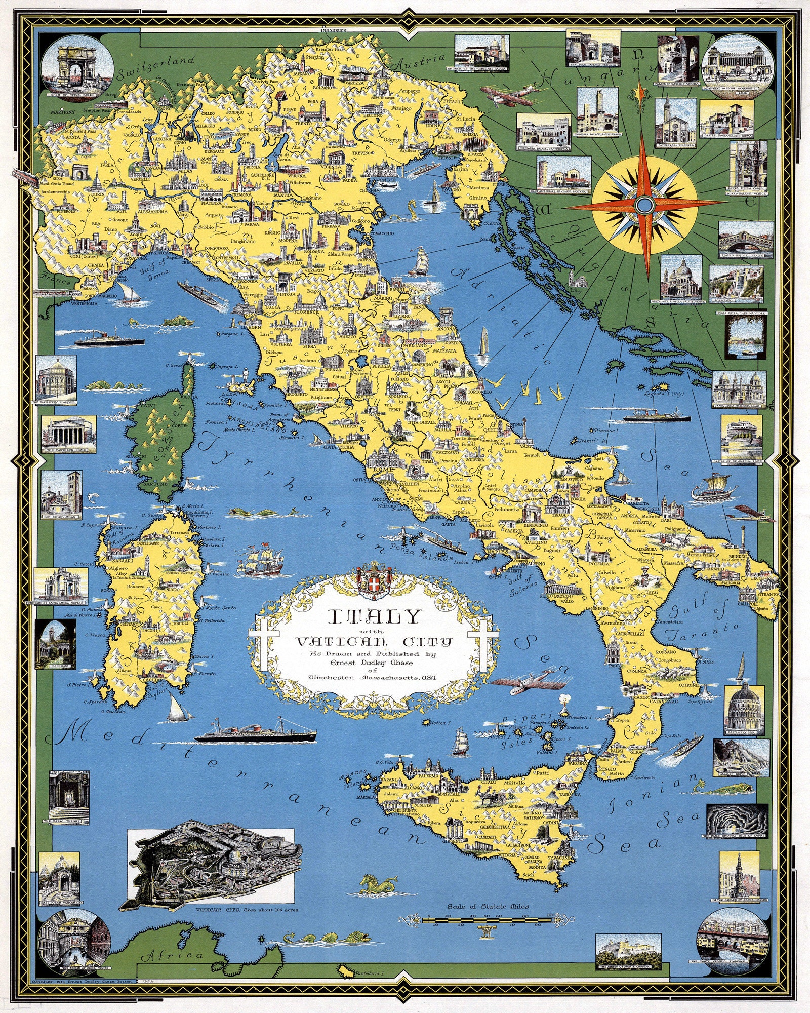 Old Map of Italy Vatican Print - Pictorial Italy Map Poster Digital ...