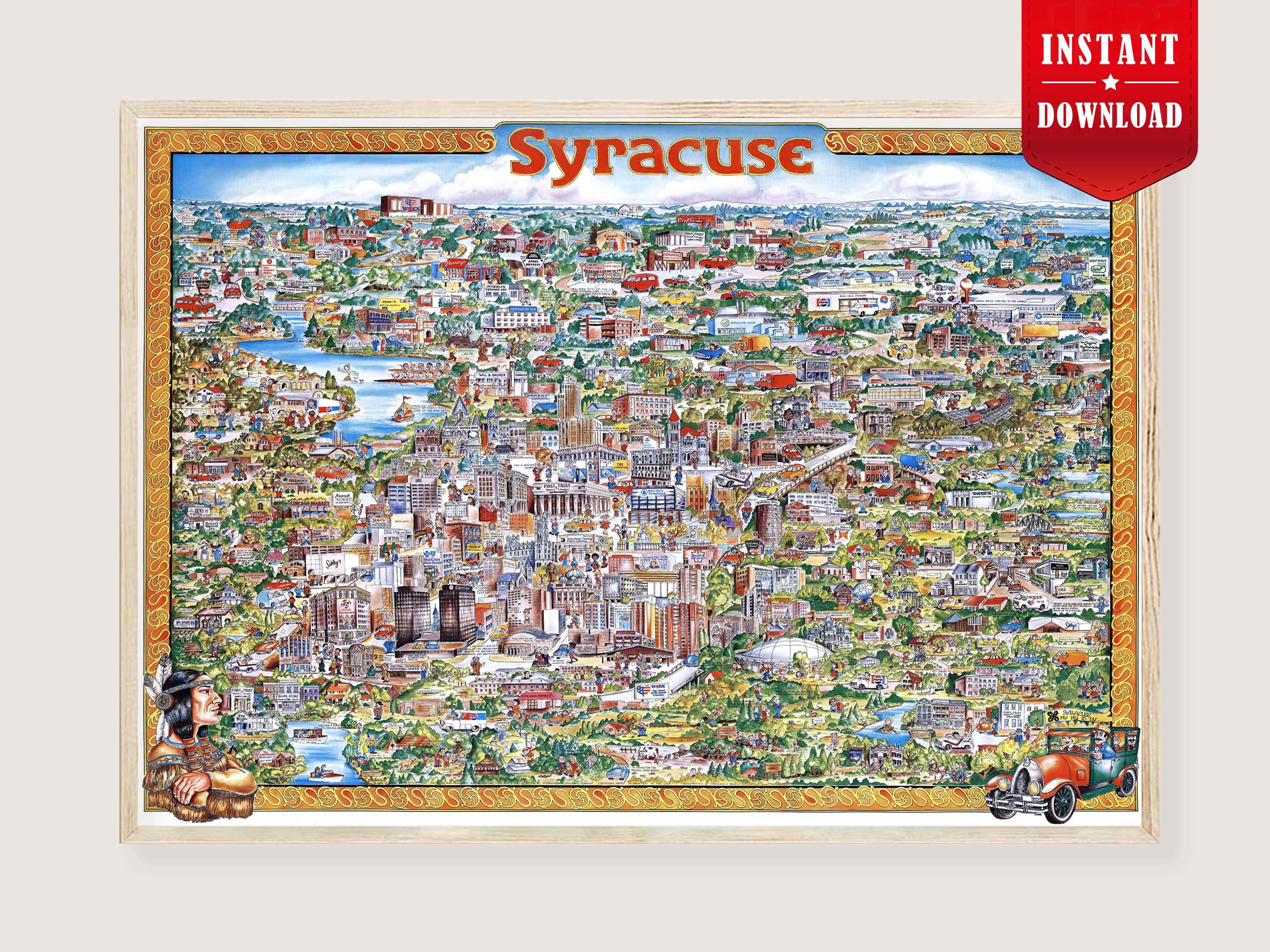 Syracuse City Map Wall Art Print Digital - Old Map Syracuse Download ...