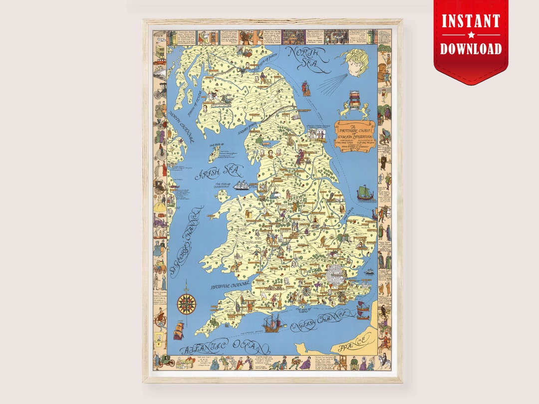 UK Map of English Literature Poster Download - Vintage Map of England ...