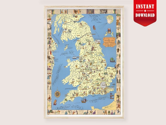 UK Map of English Literature Poster Download Vintage Map of - Etsy