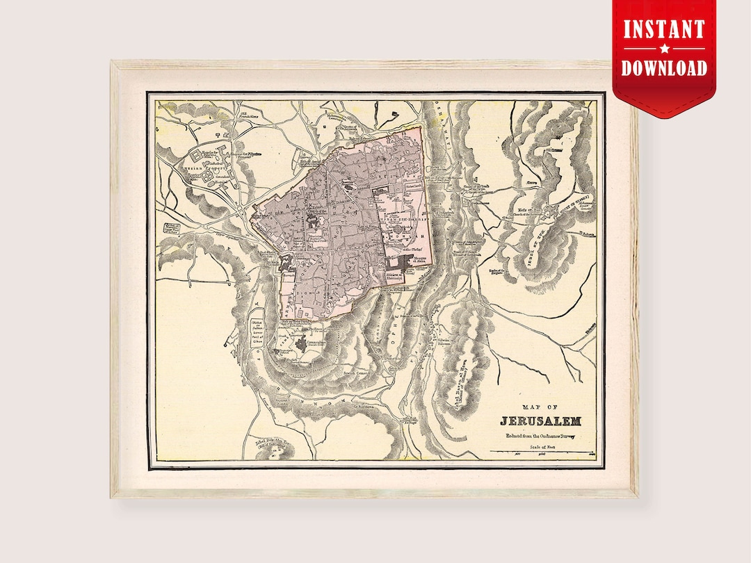 Holy Land Map Vintage Jerusalem 1901 Print Digital - Old Pictorial Map ...
