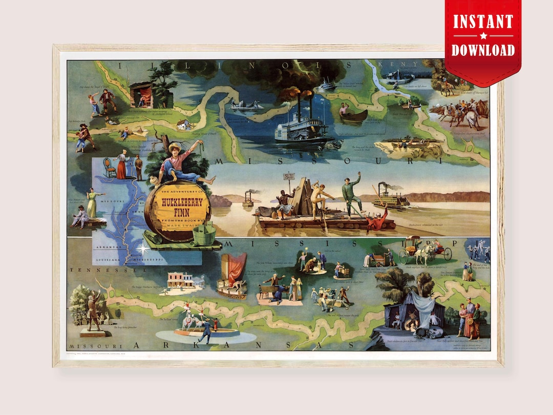 Huckleberry Finn Art Map Digital - Vintage Mark Twain Kids Room Decor ...