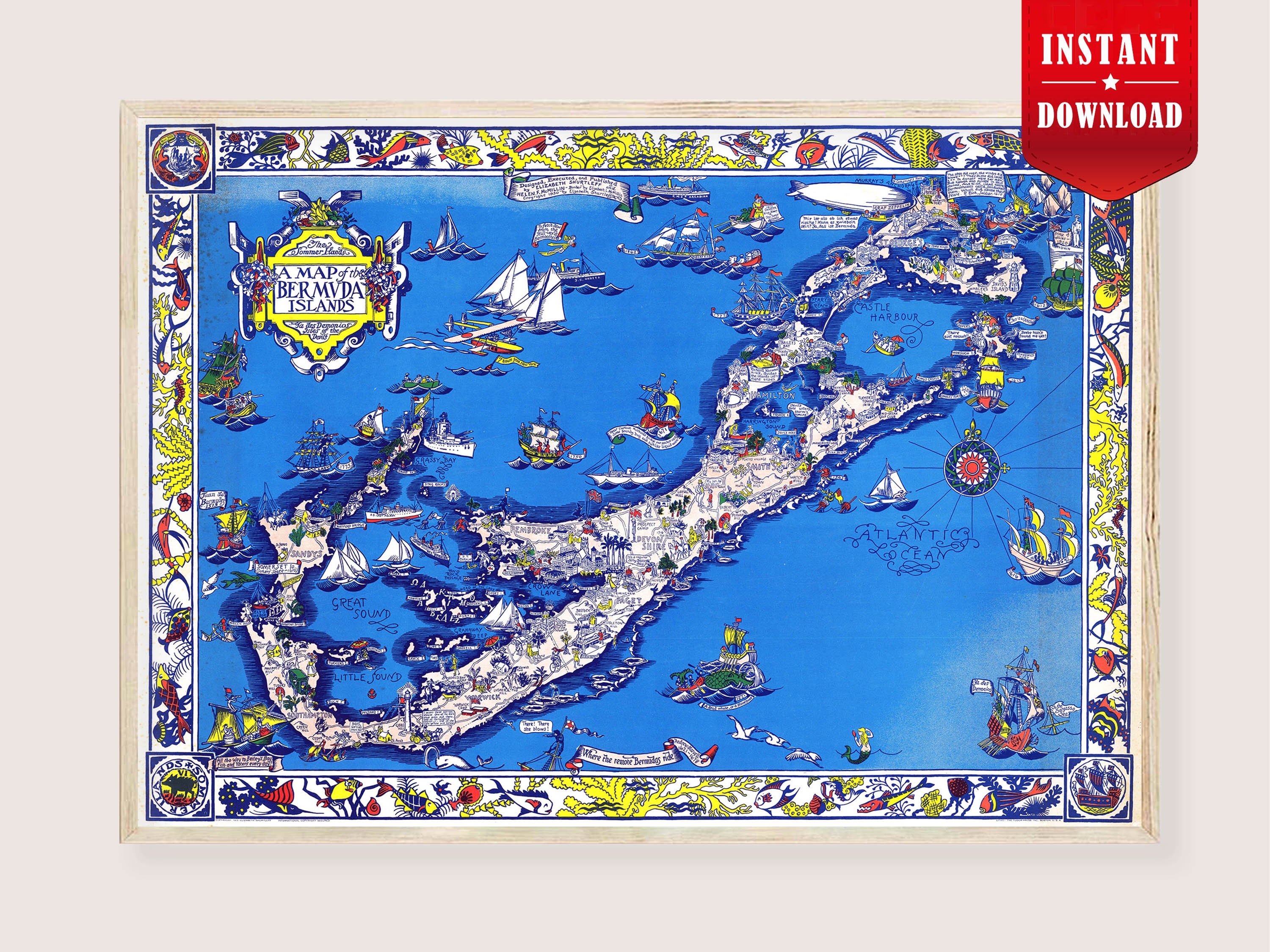 Bermuda Island Map Poster Download - Pictorial Map Bermuda Wall Art ...