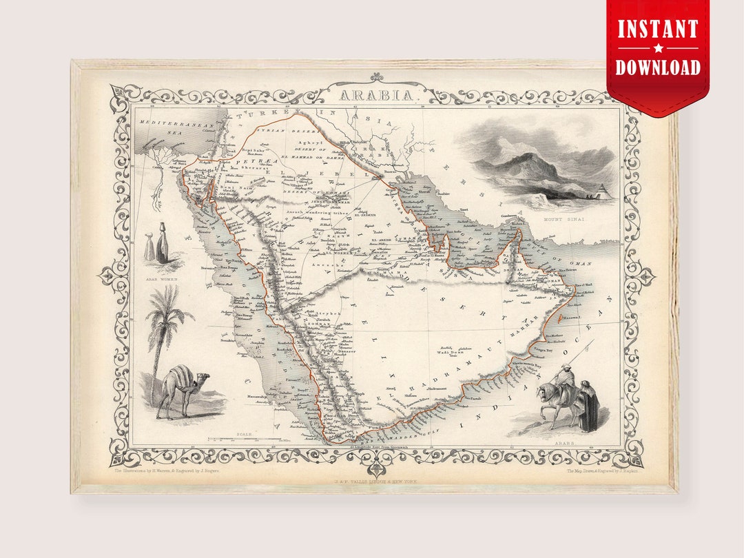 Arabic World Map 1851 Print Download - Old Middle East Map Wall Decor ...