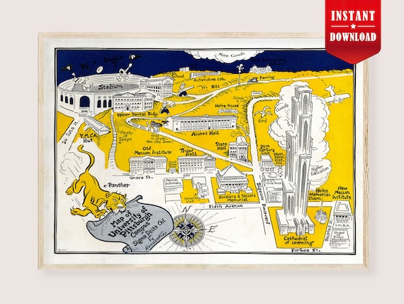 Pittsburgh Map of University Art Print Digital Vintage Map - Etsy