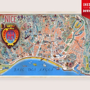 Old Nice Map France Print Digital - Illustrated Map France Poster ...