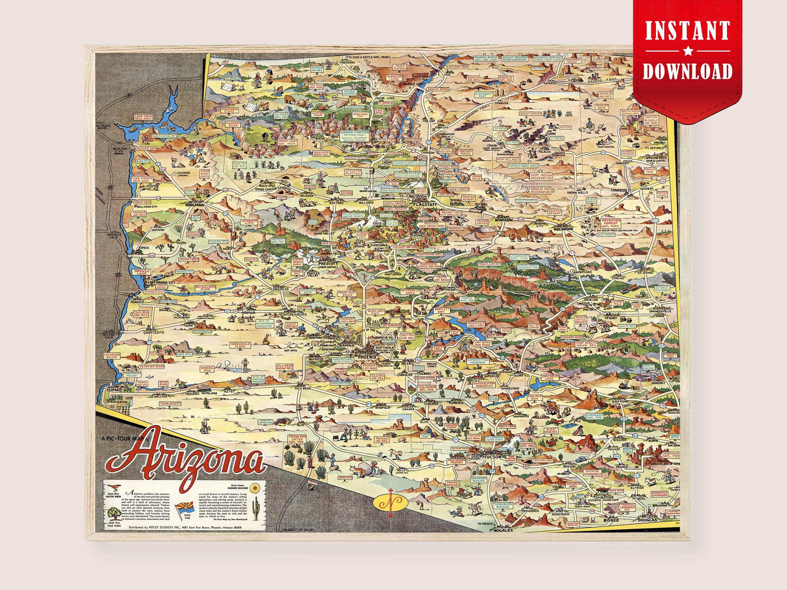 Arizona Map Art Print Digital Old Arizona State Poster Download Vintage ...