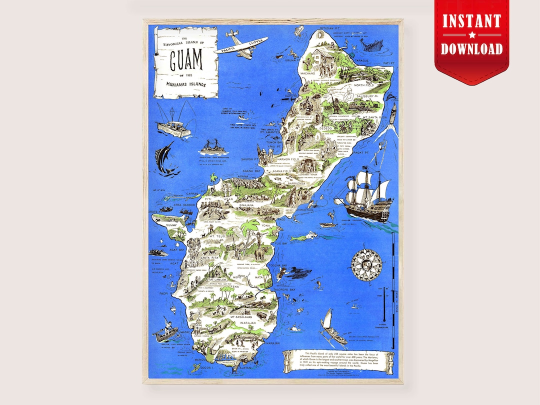 Guam Island Map Art Poster: Pictorial Guam Map Print, Vintage Pacific ...