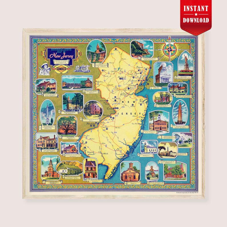 New Jersey Map Pictorial Printable: Vintage US State Illustration New ...