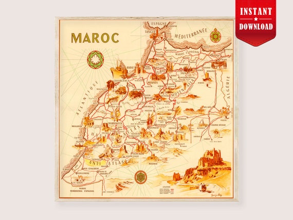 Morocco Map 1950 Art Print Digital Old Map Morocco Africa - Etsy
