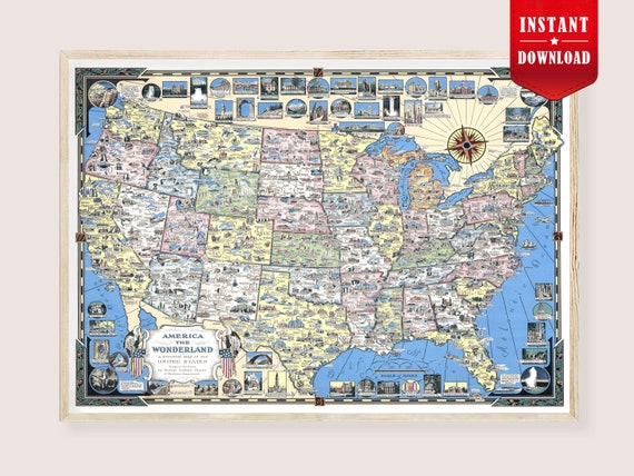 America Wonderland Map Art Poster Download Retro America - Etsy