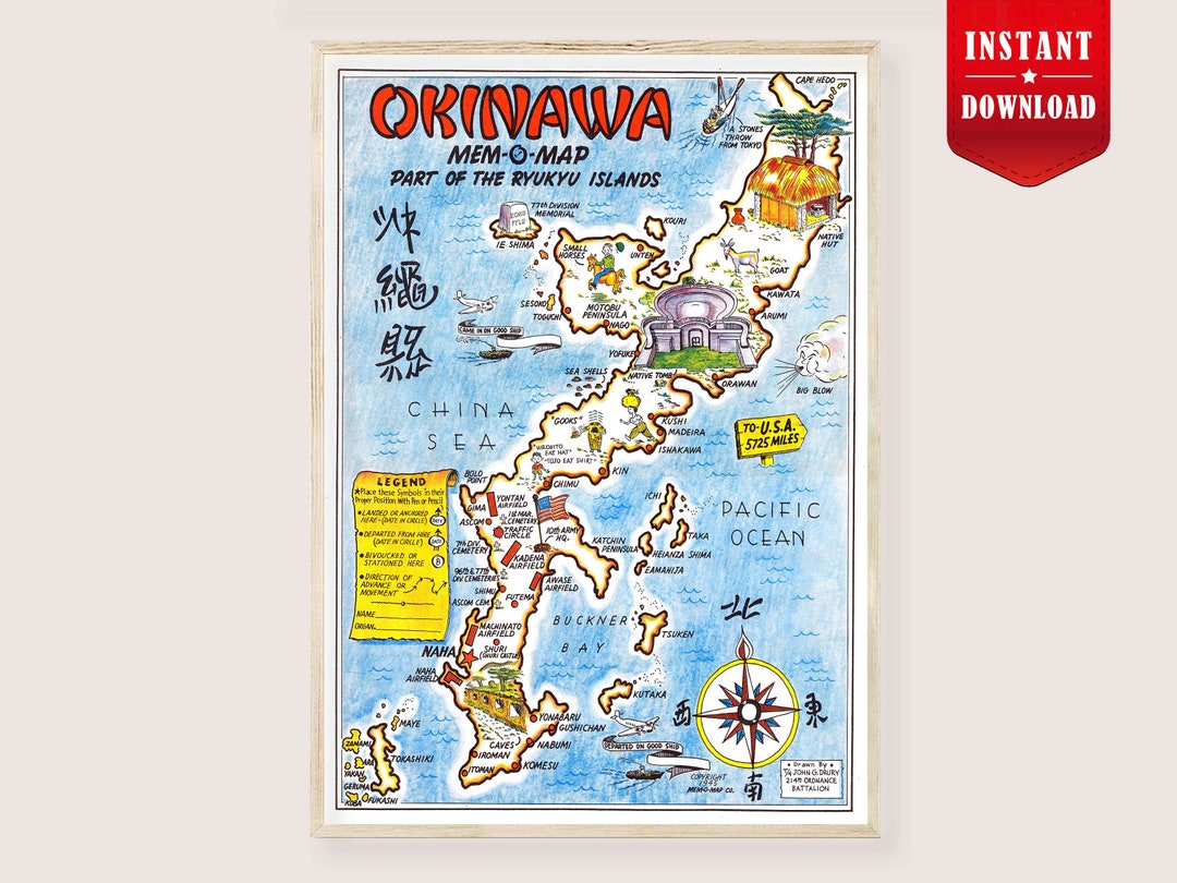 Okinawa Map Poster Download - Pictorial Map Okinawa Wall Art, Vintage ...