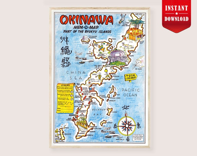 Okinawa Map Poster Download - Pictorial Map Okinawa Wall Art, Vintage ...