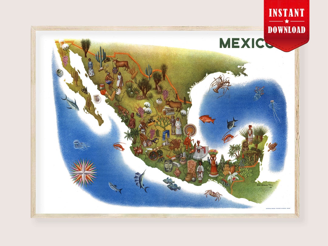 Mexico Map Poster Download - Old Map Mexico Print Digital, Vintage ...