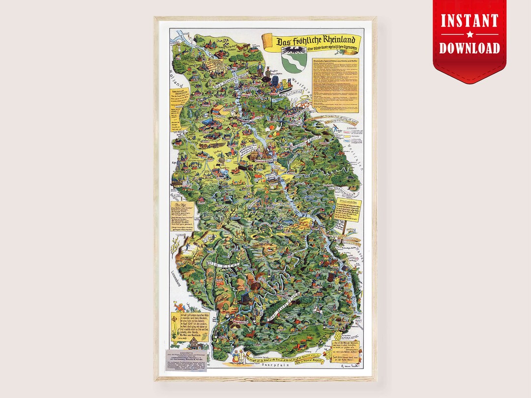 Rhine Land Map Germany Print Download - Large Map Germany Wall Art ...