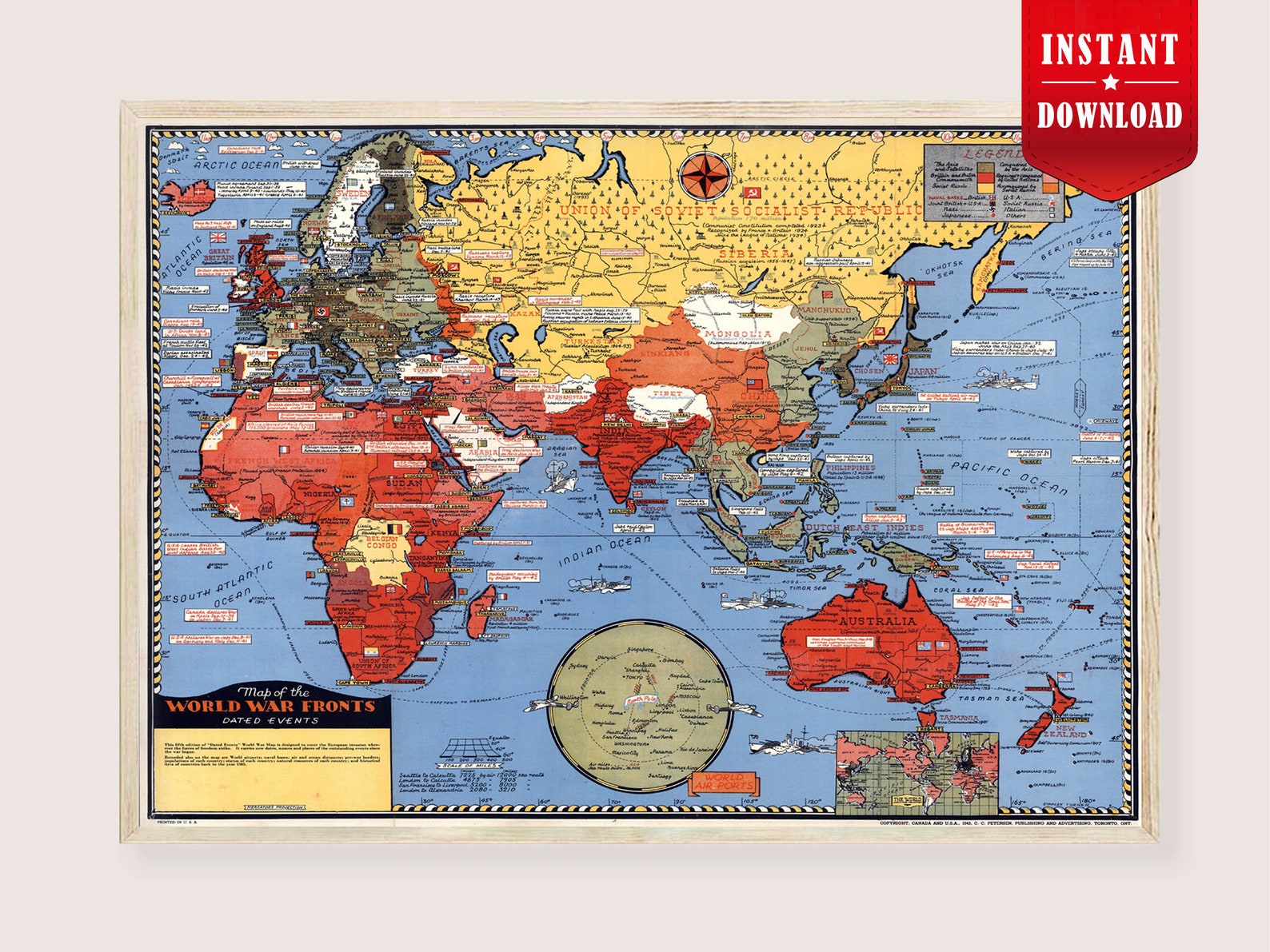 World War 2 Map Download WW II History Map European Invasion Print ...