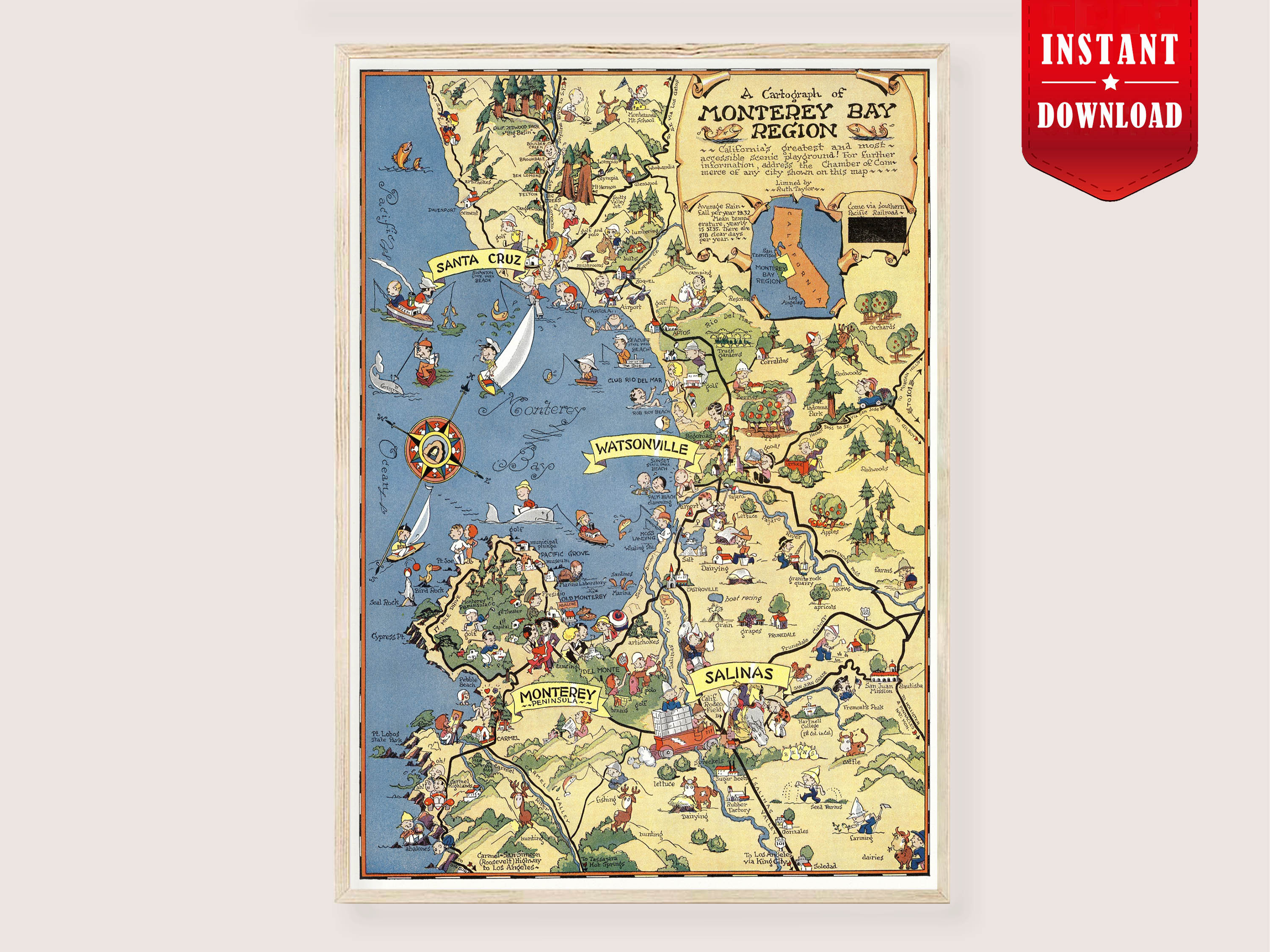 Monterey Bay Map Poster Download Old Map Monterey Bay Print Digital ...