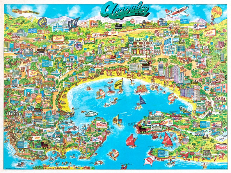Acapulco Map Mexico City Print Digital - Pictorial Map Acapulco Travel ...