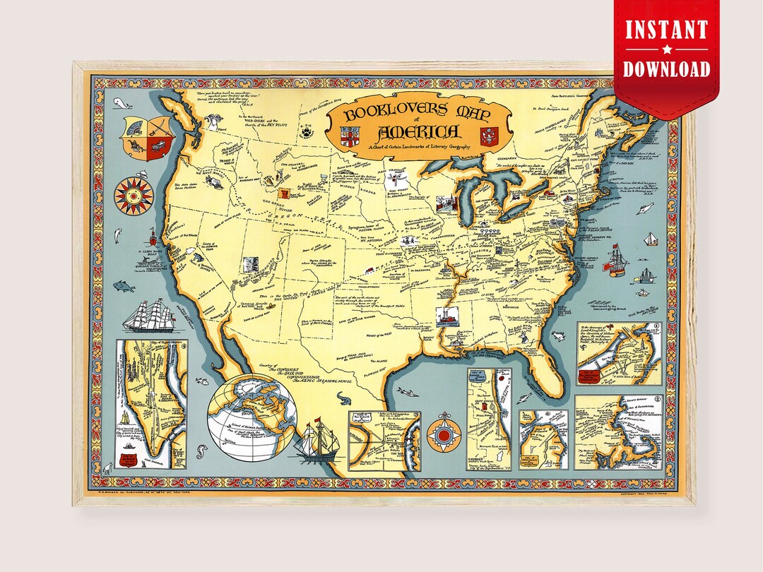Booklovers Map of America Download - Retro America Pictorial Map USA ...