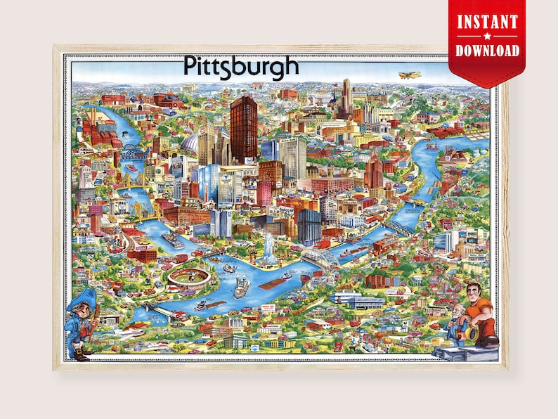 Pittsburgh Map Art Print Digital Pictorial Map of Pittsburgh Vintage ...