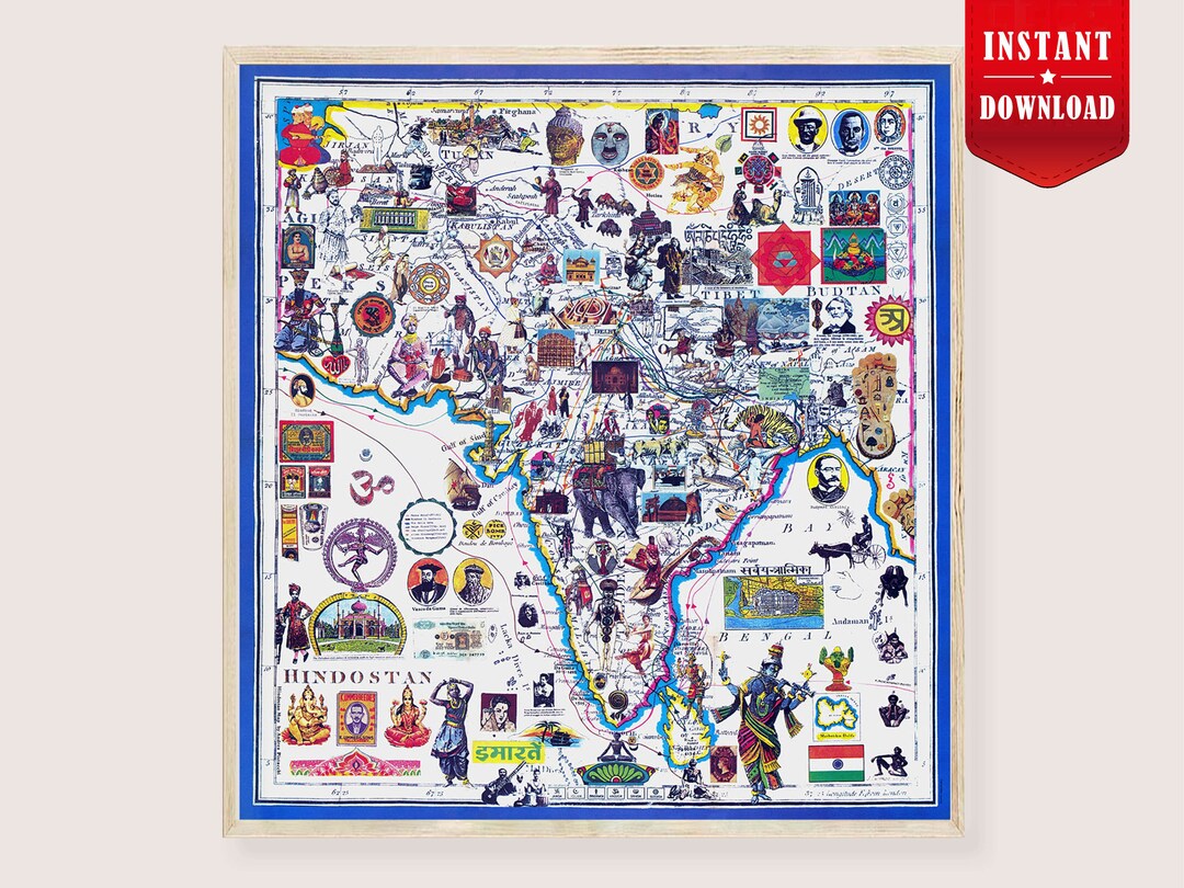 Map of India Print Digital - Vintage Hindostan Map Pictorial, India Map ...