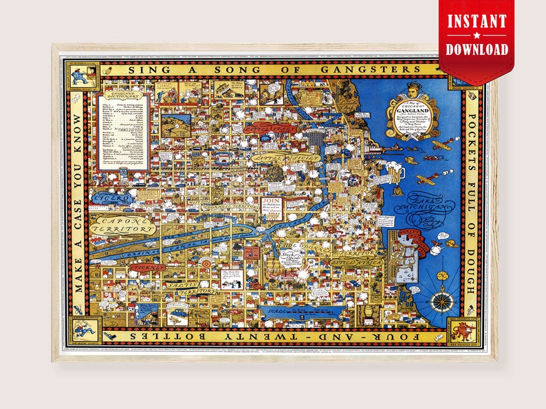 Chicago Gangland Cartoon Map Print Digital Sing a Song of Gangsters ...