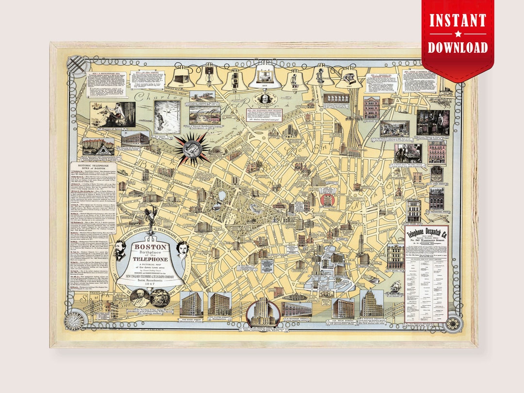 Old Map of Boston 19th Century Map Download Telephone's Birthplace ...