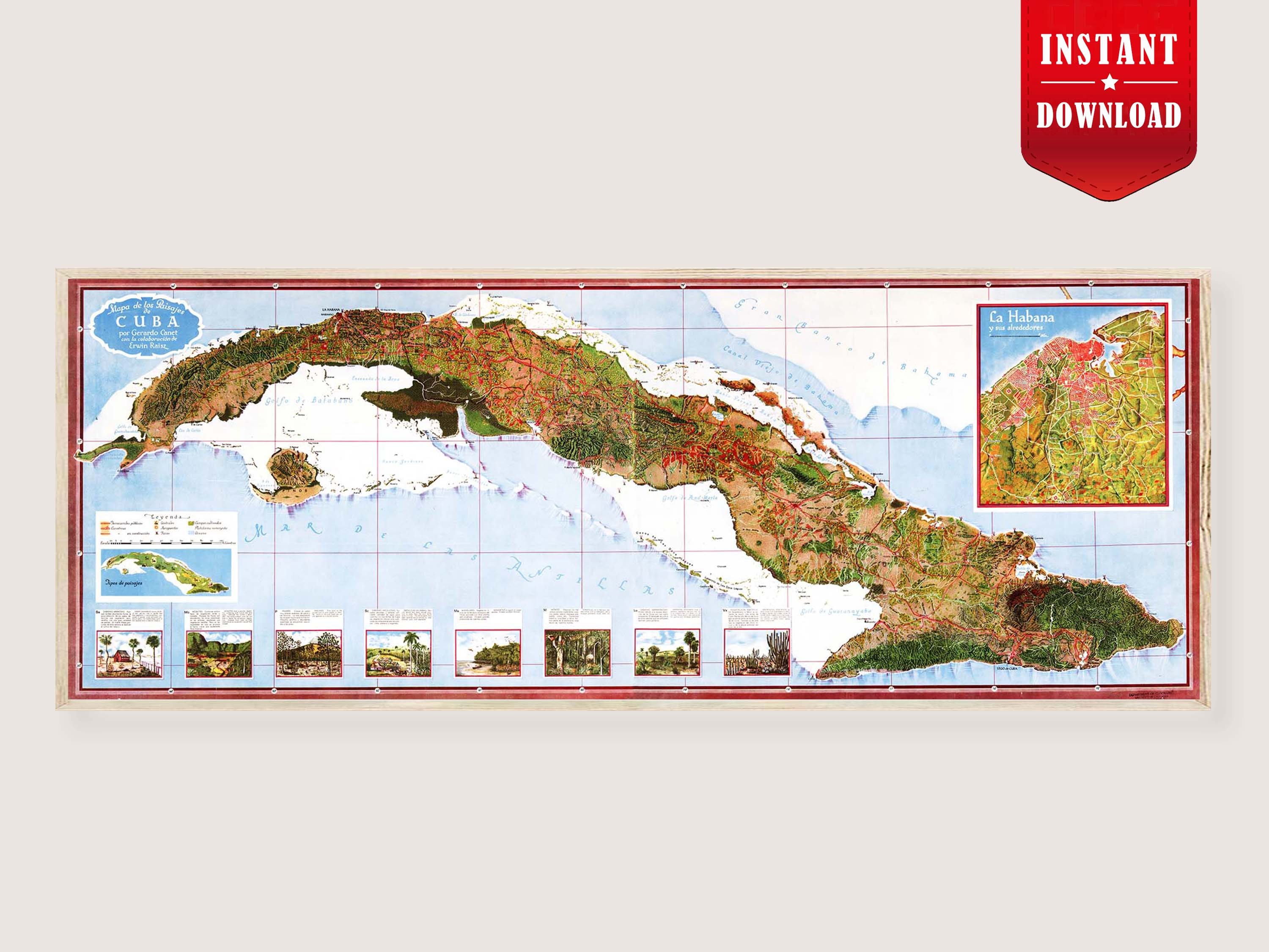 Cuba Map Art Print Digital Vintage Map of Cuba Poster Download ...