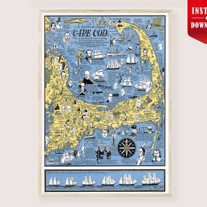 Old Map of Cape Cod Map Illustrated Massachusetts Print - Vintage Map ...