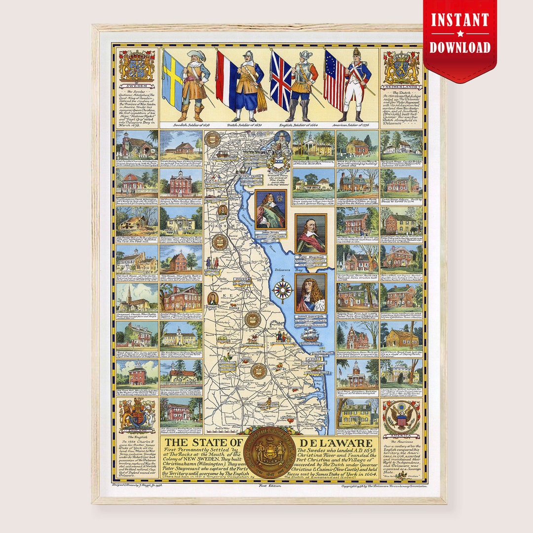 Delaware Map Art Print Digital Pictorial Map Delaware USA Download ...