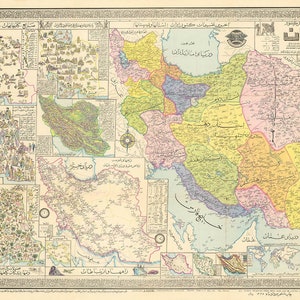 Iran Map Art Print 1957 Digital - Old Map of Iran Persian Folk Art ...