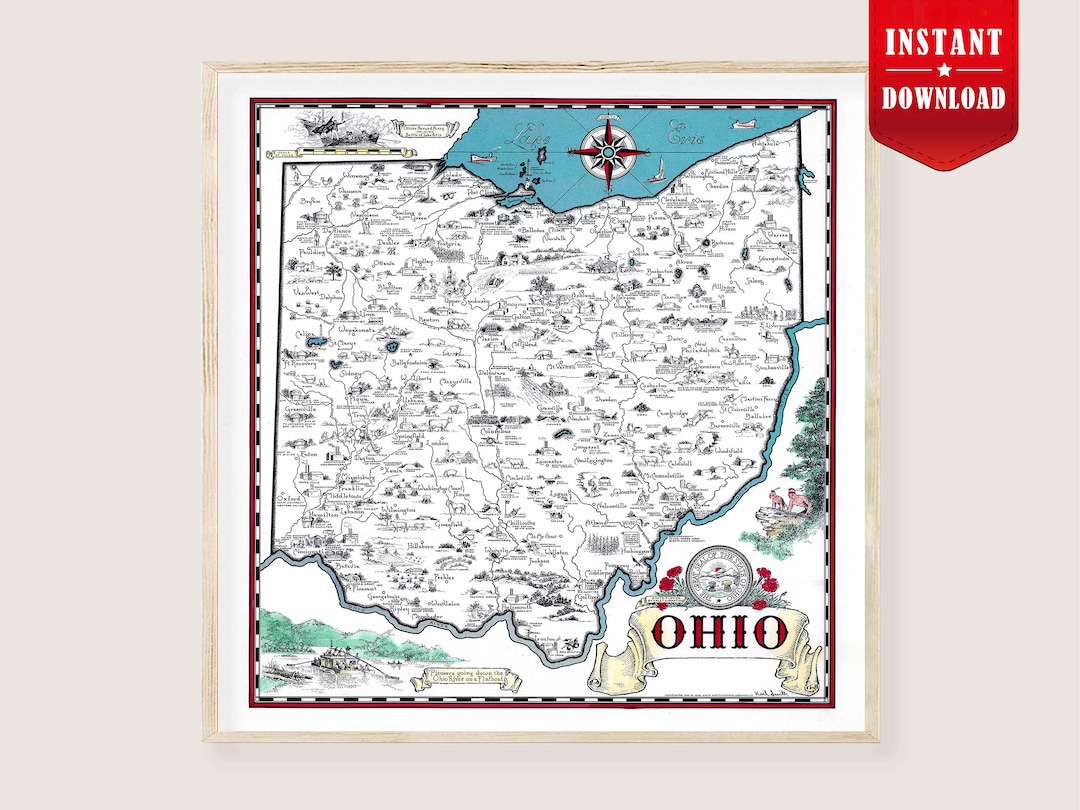 Ohio Map Poster Wall Art Digital - Pictorial Map of Ohio US Print ...