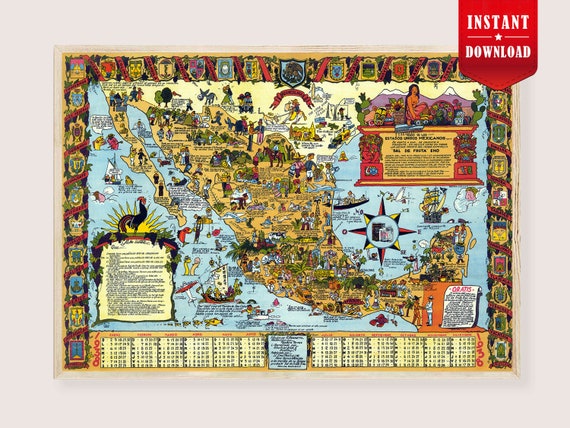 Mexico Map Digital Pictorial Map of Mexico Travel Poster | Etsy