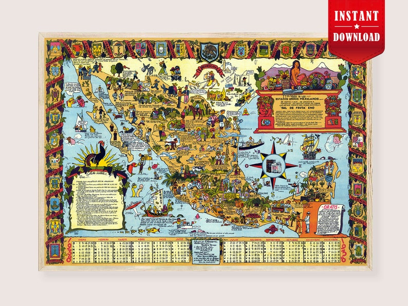 Mexico Map Digital Pictorial Map of Mexico Travel Poster Download ...