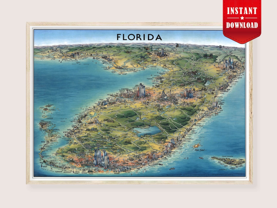 Florida Map Poster Download - Old Map Pictorial Florida City Print ...