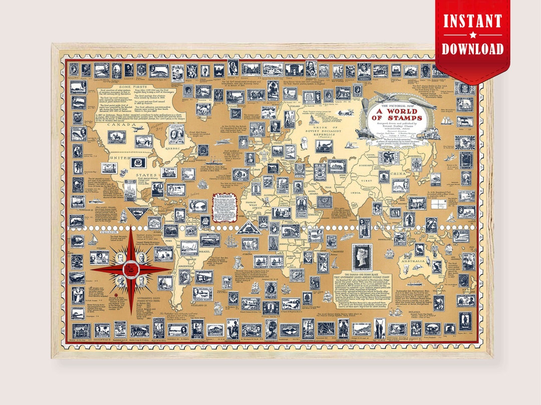 History of Stamps Pictorial World Map Printable: Vintage Philatelic ...