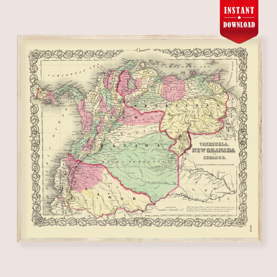 Venezuela Map 1856 Print Digital – Vintage Venezuela History of South ...