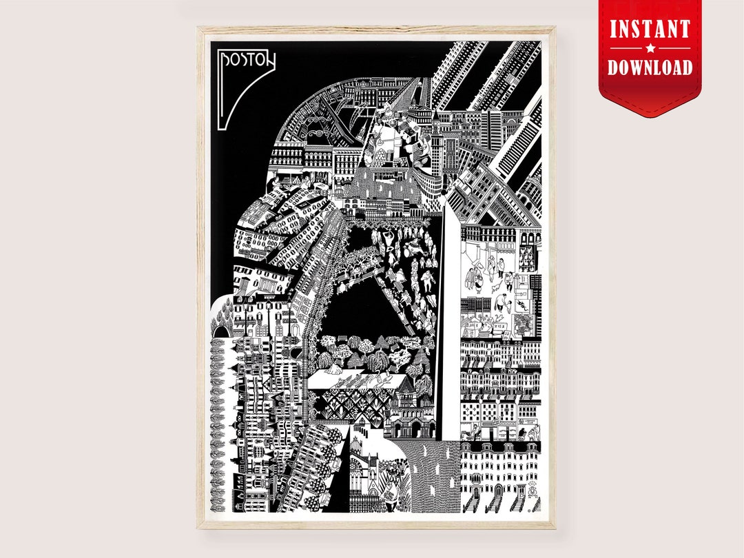 Old Boston Map Download - Pictorial Map Boston Black and White Poster ...