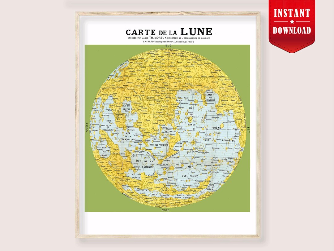 Moon Map 1949 Poster Digital Antique Moon Print, Vintage Lunar Map of ...