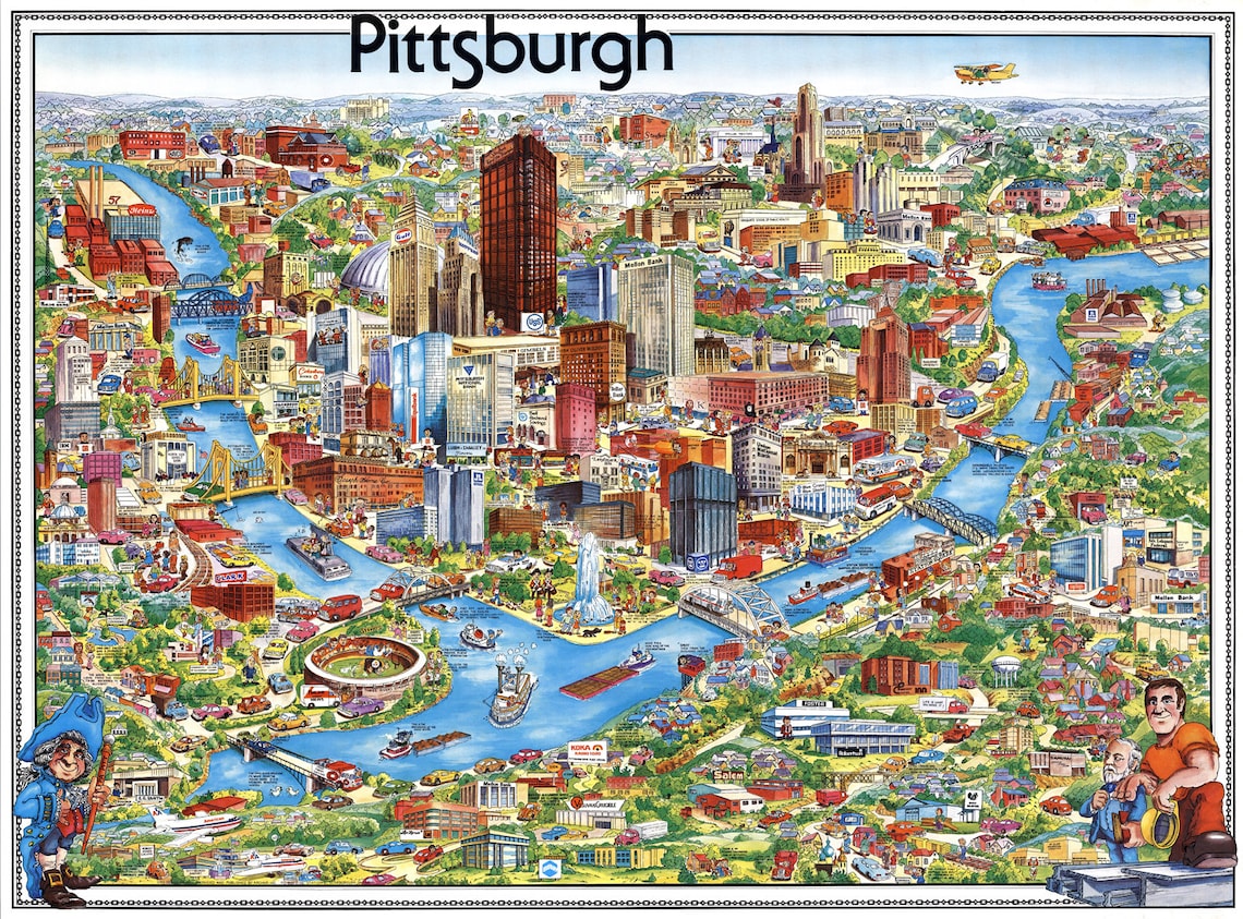 Pittsburgh Map Art Print Digital - Pictorial Map of Pittsburgh Vintage ...