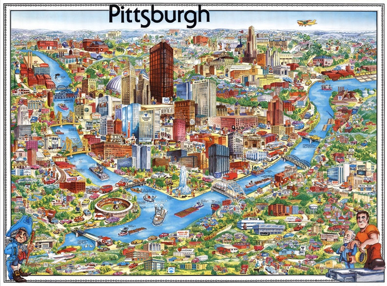 Pittsburgh Map Art Print Digital Pictorial Map of Pittsburgh Vintage ...