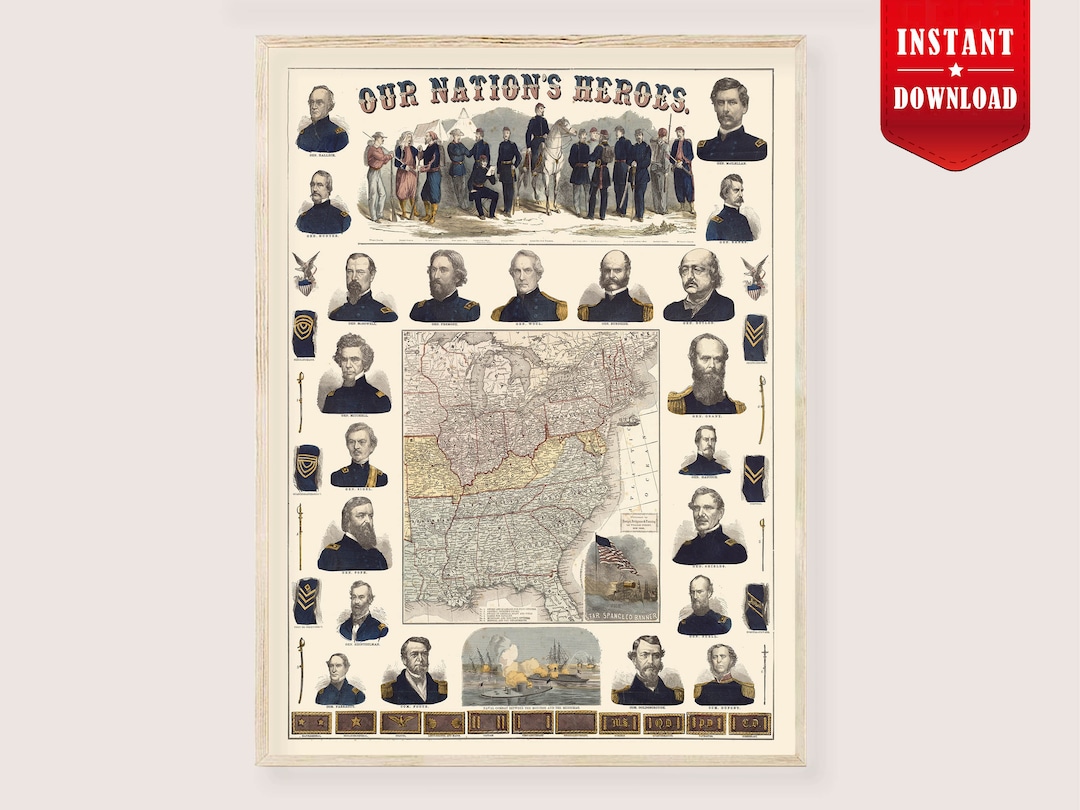 US Civil War Poster Printable Vintage Nation Heroes Centennial History ...