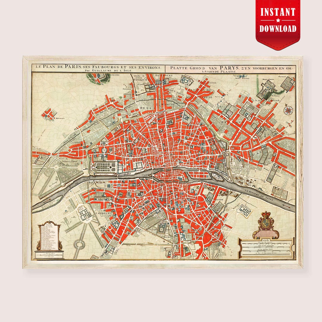 Map of Paris 1721 Vintage Art Print Download - Old Paris Travel Map ...