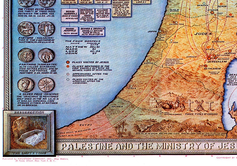 Palestine Map Holy Land Print Jesus Ministry Bible Map Jerusalem ...
