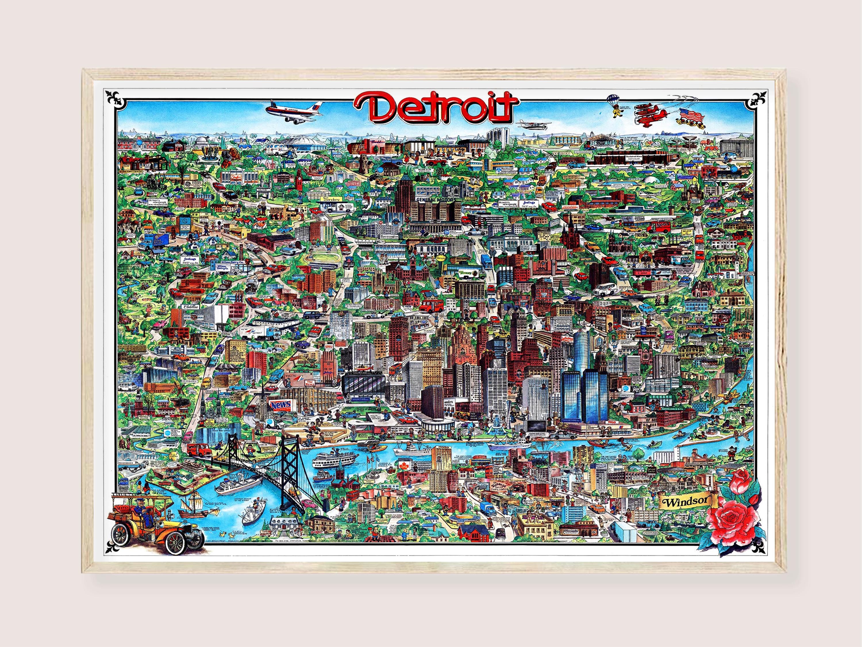 Detroit Map City Poster Download Retro Map Print of Detroit - Etsy