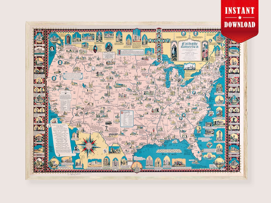 US Catholic Church Map - Catholic History Catholic USA Wall Art ...